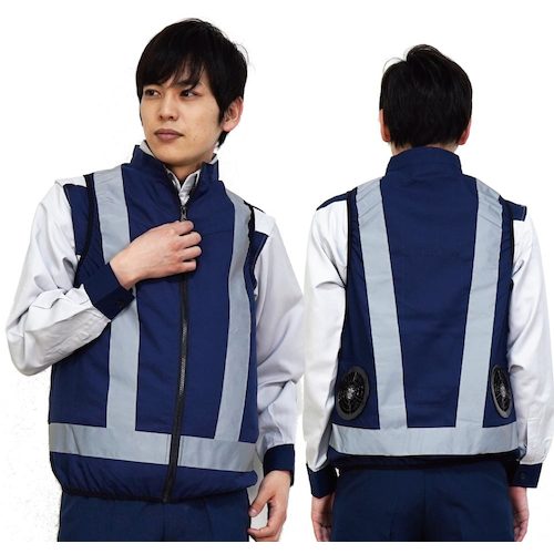 特長 ●素材に高密度ポリエステル90％、コットン10％の日本製超高耐光生地を採用し、色褪せしにくく気密性を高め着心地の良いユニセックス仕様の空調安全ベストです。 ●ウェアに高輝度布反射材を縫付け安全性を高めています。 ●(洗濯網使用で洗濯可...