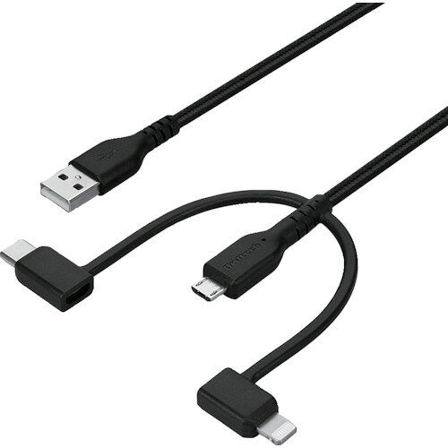 特長 ●断線に強く柔らかい 3 in 1ケーブルです。 ●独自の厳しい条件下で23万回以上の屈曲試験を行っても断線が見られなかった、非常に耐久性の高いケーブルです。 ●抜き挿ししやすい小ぶりなコネクターを採用しています。 仕様 ●色：ブラッ...