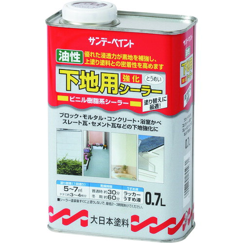 仕様 ●色：とうめい ●容量(L)：0.7 ●油性下地用強化用シーラー　とうめい　700M 質量・質量単位 ●845.0g 【メーカー名】サンデーペイント（株） 【メーカー品番】255931