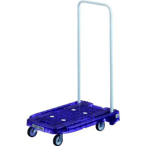【特長】 ●天板をポリカーボネート製にすることで、今までにない透明感のある台車を実現しました。 ●天板をメッシュ構造にすることで、床面からの反響音を抑え走行が静かです。 ●ハンドルを収納すると、平台車として使用可能です。 ●ハンドルを後ろ斜...