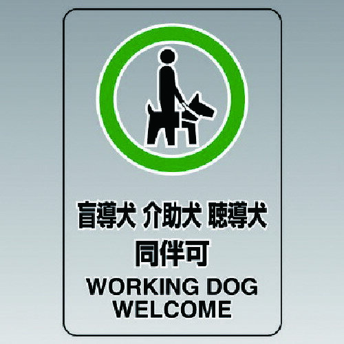 特長 ●ガラス扉や、自動ドア等の透明ガラスに貼りつけるのに適したステッカーです。 仕様 ●表示内容：盲導犬介助犬聴導犬同伴可 WORKING DOG WELCOME ●縦(mm)：150 ●横(mm)：100 ●摘要：粘着シール ●5枚1組...