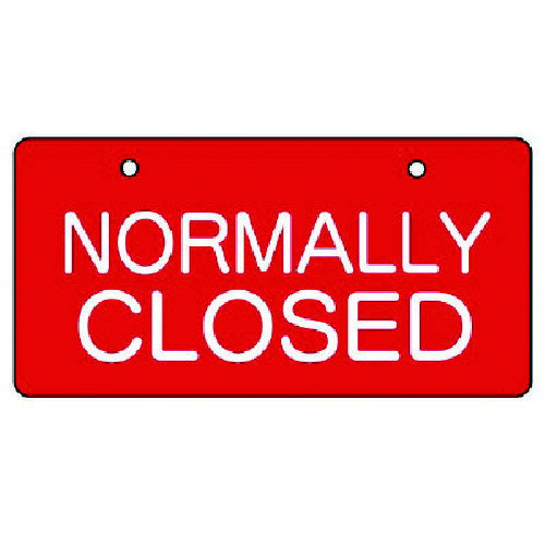 特長 ●裏面に系統名称等の表示ができます。 仕様 ●表示内容：NORMALLY CLOSED・赤地(白文字) ●縦(mm)：60 ●横(mm)：120 ●厚さ(mm)：2 ●摘要：4mmФ穴上2 ●5枚1組 ●片面表示 ●ヨコ型 材質 ●エ...