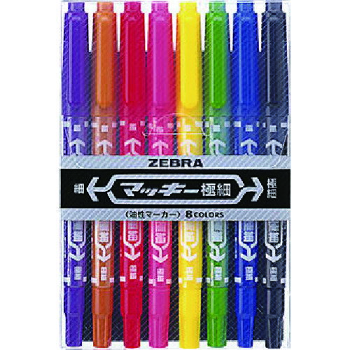 特長 ●丸芯細字＋極細定番のマッキー8色セットです。 用途 ●紙、布、木、ダンボールなどのマーキングに。 仕様 ●インク色：8色（紫・茶・赤・ピンク・黄・緑・青・黒） ●文字サイズ：細字・極細 ●筆記線幅(mm)：極細0.5mm　細1.0〜...