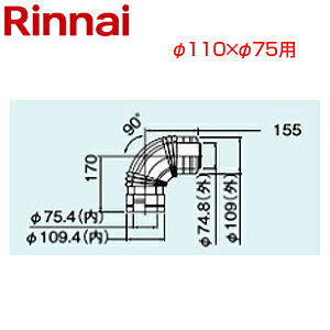 【規格・特徴】 ・FF　2重管用 ・φ110×φ75 ・90度 # Rinnai 関連部材 給湯器部材 φ110×75給排気部材 2重管リンナイFFWL-90