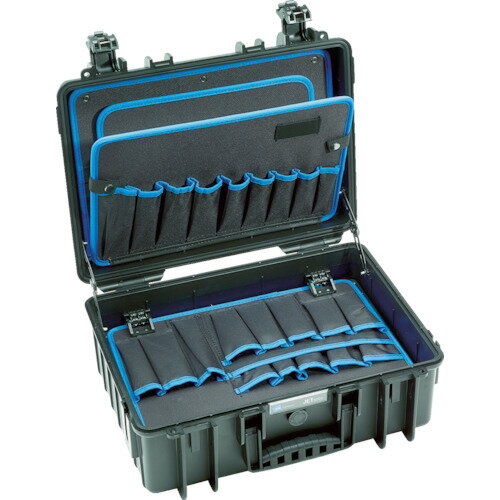 ポリプロピレンで強い衝撃荷重があります。名入れが可能なポケット付きです。ケース底に収納組み換え自在の収納スペースがあります。工具入れポケットは取り外し可能です。工具の収納、保管用。工具の持ち運び用。色：ブラック外寸(mm)間口：469外寸(...