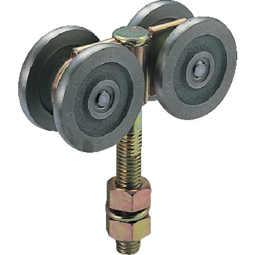 扉吊り用。耐荷重(kg/個)：150適用レール：4号品名：ドアハンガー用複車A(mm)：64B(mm)：43.3D(mm)：75K(mm)：77L(インチ)：W5/8耐久基準：7万m(常温下定格荷重)本体:スチール戸車:鋳物　
