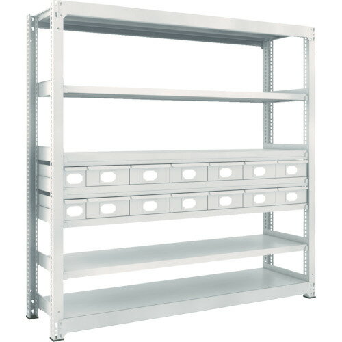 間口(mm)：1800奥行(mm)：471高さ(mm)：1800有効間口(mm)：1740タイプ：引き出し(小)2・(大)12色：ネオグレー棚段数(段)：7均等積載量：300kg/段最大積載量：2500kg/台集中荷重になりますと耐荷重能力...