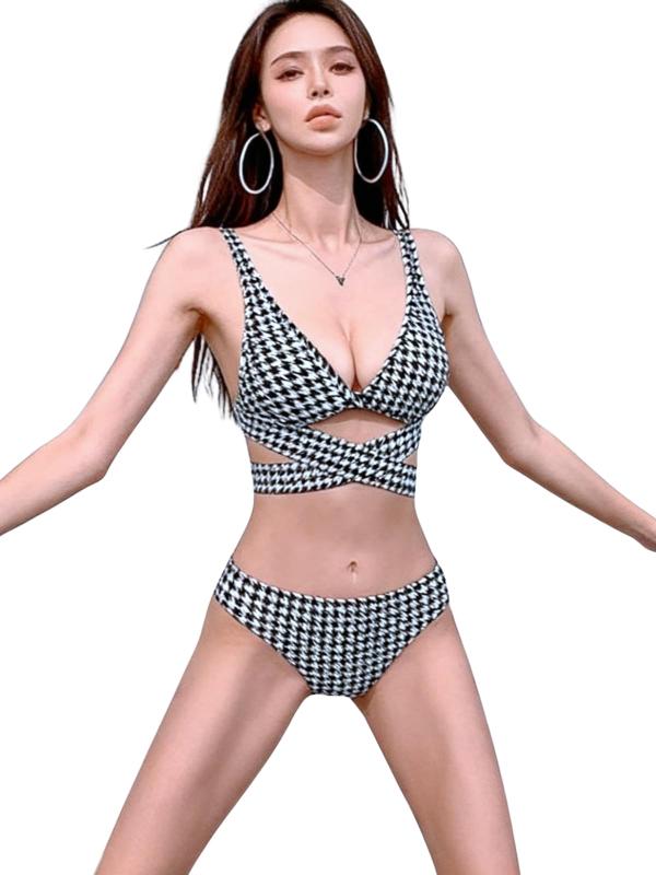 [ISLAYCAOLILA] DM5 メリン ビキニ セット 水着 千鳥格子 クロス スイムドレス パッド入り ワイヤーなし レディース千鳥格子柄がノスタルジックでレトロ可愛い。クロスデザインがキュートで大人ガーリーなビキニタイプの水着です...