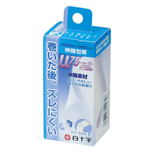 伸縮自在なので関節部でも簡単に巻くことができます。巻き終わりははさみ込むだけで止まるので包帯止めが不要です。