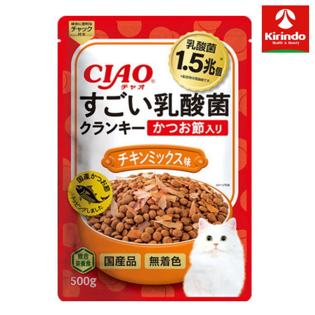 乳酸菌1.5兆個配合で、猫ちゃんの健康を維持し、おなかの調子を保ちます。 猫ちゃんの好きなチキンエキスパウダーで粒をコーティングし、かつお節をトッピング。