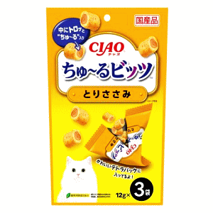 与えやすく食べやすい一口サイズのおやつ。外はふっくら中はちゅ～るが入っている2つの食感が楽しめます。