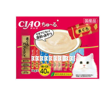 液状おやつ。舐めて食べられるので、子猫や高齢猫ちゃんも食べやすいおやつです。4種×各10本のバラエティパック。＜まぐろ＞＜まぐろ＆ほたて貝柱＞＜まぐろタラバガニ＞＜まぐろ＆まぐろ節＞ 国産品、おやつ、ペースト、緑茶消臭成分配合 原材料●まぐ...