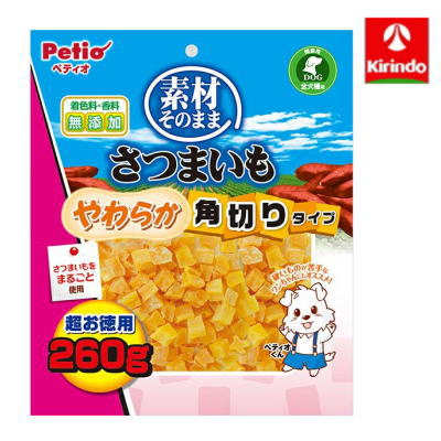 食物センイやビタミンC・Eを含むさつまいもを蒸してから乾燥しているので、糖度がUPし甘みが濃縮されています。 お口の小さなワンちゃんにも食べやすいひとくちタイプで、硬いものが苦手なワンちゃんにも食べやすいやわらか仕上げ。 着色料・香料 無添加。　