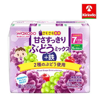 不足しがちな鉄入り。 2種類のぶどうとりんごを使用した果汁50%のすっきりとした甘さのベビー用果汁飲料。 信州松本平のおいしい水仕立て。 ストロー付き紙パック飲料。