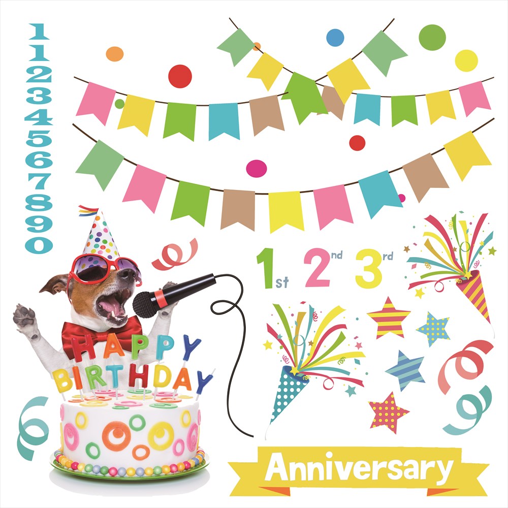 誕生日☆シール式ウォールステッカー　ケーキ ガーランド バースデー 犬 数字 Anniversary 飾り 装飾 おしゃれ 壁紙 剥がせる DIY プチリフォーム パーティ 賃貸■Lsize ■Msize ■Ssize ウォールステッカー全...