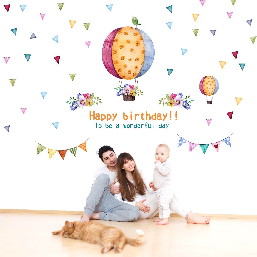誕生日☆ シール式ウォールステッカー　誕生日 ウォールステッカー 飾り 90×90cm シール式 ケーキ ガーランド ガーラント バースデーパーティ飾り 風船 バルーン 壁紙 はがせる 剥がせる お祝い パーティ DIY Anniversa...