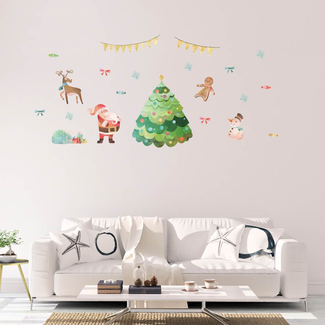 ウォールステッカー クリスマス Christmas 飾り シール式 装飾 オーナメント ツリー リース xmas X'mas　壁紙 はがせる 剥がせる カッティングシート wall sticker 雑貨 DIY サンタ プチリフォーム パー...