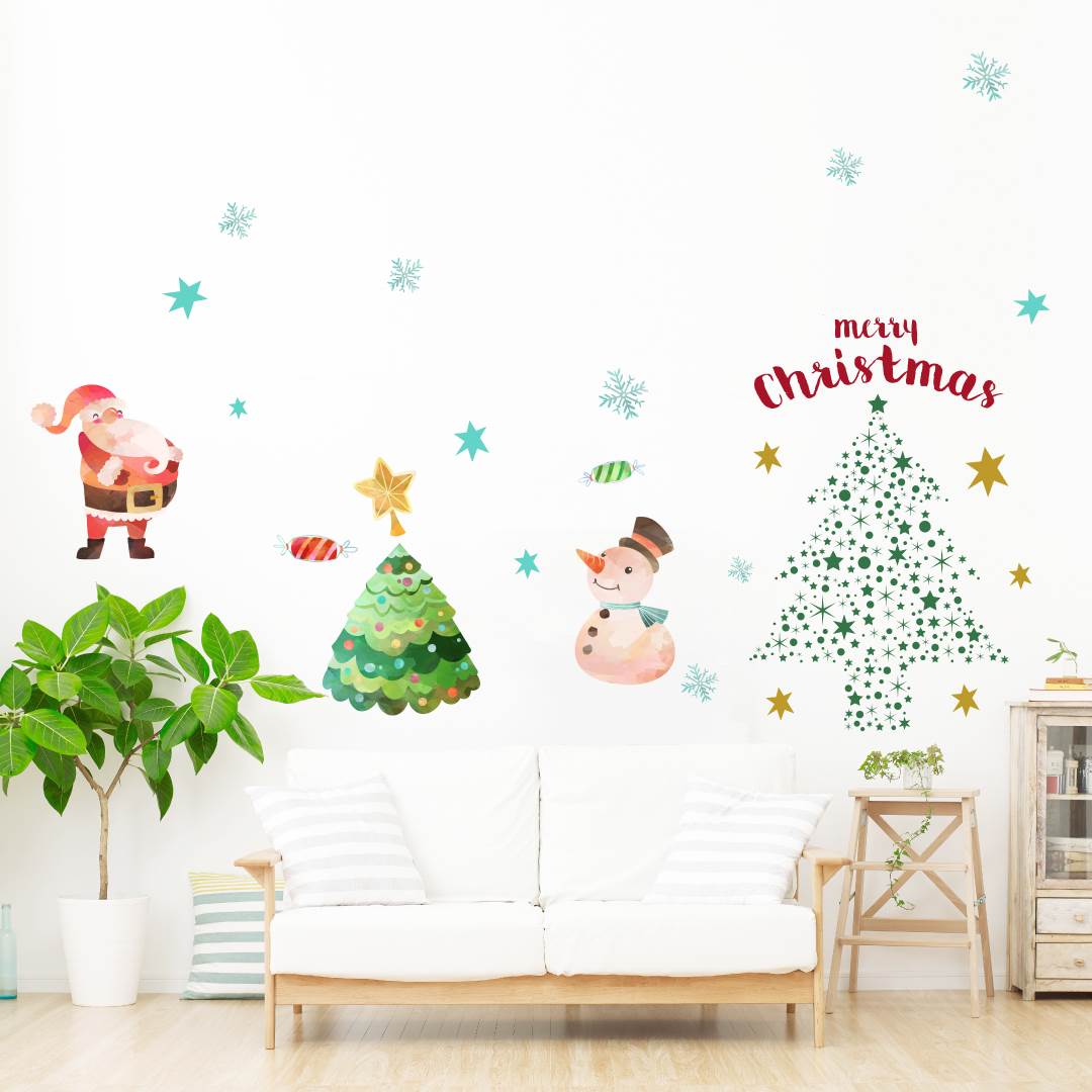 ウォールステッカー クリスマス Christmas 飾り シール式 装飾 オーナメント ツリー リース xmas X'mas　壁紙 はがせる 剥がせる カッティングシート wall sticker 雑貨 DIY サンタ プチリフォーム パー...