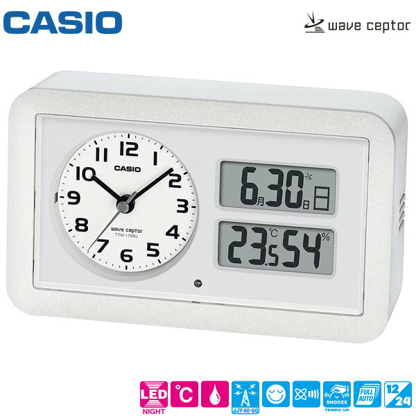 ◆カシオ 電波 めざまし 時計 TTM-170NJ-7JF 温度 湿度 デジタル アナログ CASIO 希望小売価格 オープン価格 ※メーカー希望小売価格はメーカーサイトに基づいて掲載しています。 枠色 プラスチック枠(パールホワイト)/前...