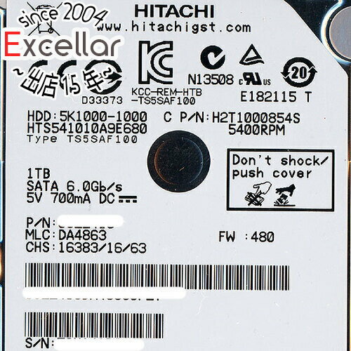 商品名【中古】HITACHI ノート用HDD 2.5inch HTS541010A9E680 1TB 2000〜3000時間以内商品状態動作確認済みの中古品です。※中古品ですので、傷、汚れ等ある場合がございます。ご理解の上、ご検討お願いしま...