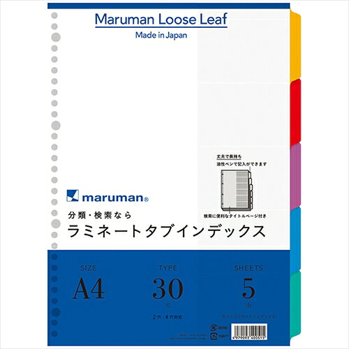 ●規格：A4判タテ型●穴数：2・4・30穴●仕様：5色5山6枚1組●外寸：縦300×横220mm●材質：台紙＝古紙70％使用