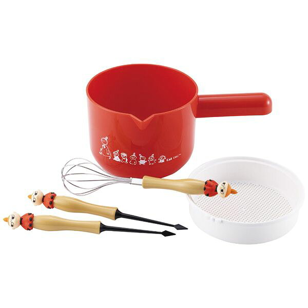 ポイント粉つぎ、粉ふるい、泡立て、ピック2本がセットになったたこ焼きセット。粉つぎ：約40個分のたこ焼き生地ができる・生地を流しやすい注ぎ口付き・ 粉ふるい：粉つぎにはめたままでも粉がふるえる・泡立て：小さめサイズで扱いやすい・ ピック：ダ...
