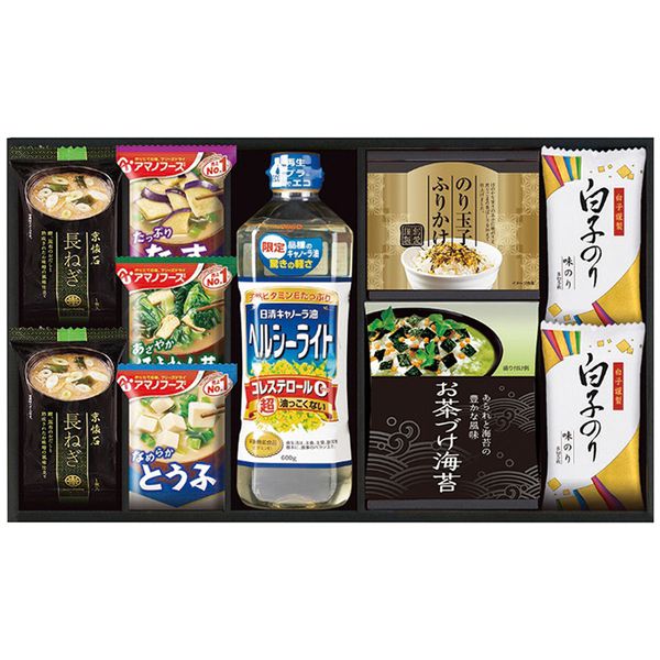 ポイント健康と美味しさを詰合せた贈りものにぴったりな和風ギフトです。海苔、お味噌汁などが食卓で色々楽しめます。※写真はイメージです。内容・デザイン等変更になる場合があります。予めご了承ください。箱サイズ42.5×7×25cm現品サイズ・内容...