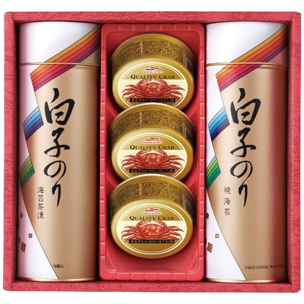 ポイント食卓を豪華に彩る、海苔とのり茶漬け、かに缶の詰合せギフトです。※写真はイメージです。内容・デザイン等変更になる場合があります。予めご了承ください。箱サイズ25.5×8×23.5cm現品サイズ・内容のり茶漬け(10袋)・焼のり(8切5...