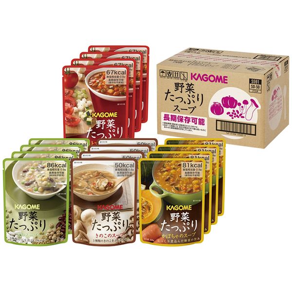 ポイント野菜をたっぷり使用した、4種類のスープの詰合せ。トマト、きのこ、豆、かぼちゃの各スープの味わいが手軽に楽しめます。1食（1袋）当たりの食塩相当量は1g以下。長期保存可能（保存料不使用）。※写真はイメージです。内容・デザイン等変更にな...