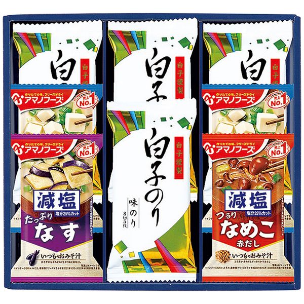 ポイントアマノフーズの減塩タイプみそ汁と白子のり味のりを詰合せました。※写真はイメージです。内容・デザイン等変更になる場合があります。予めご了承ください。箱サイズ26.6×4.5×24.2cm現品サイズ・内容白子のり味のり(8切5枚)4個・...