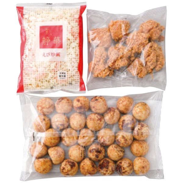 ポイント全品レンジで即完成！パラパラの直火炒飯（たっぷり360g）、出汁が効いたふわトロたこ焼き、秘伝醤油のジューシーな鶏もも唐揚げの3種セット。名店の本格的な味わいを、お食事や夜食に手軽にお楽しみください。※写真はイメージです。内容・デザ...