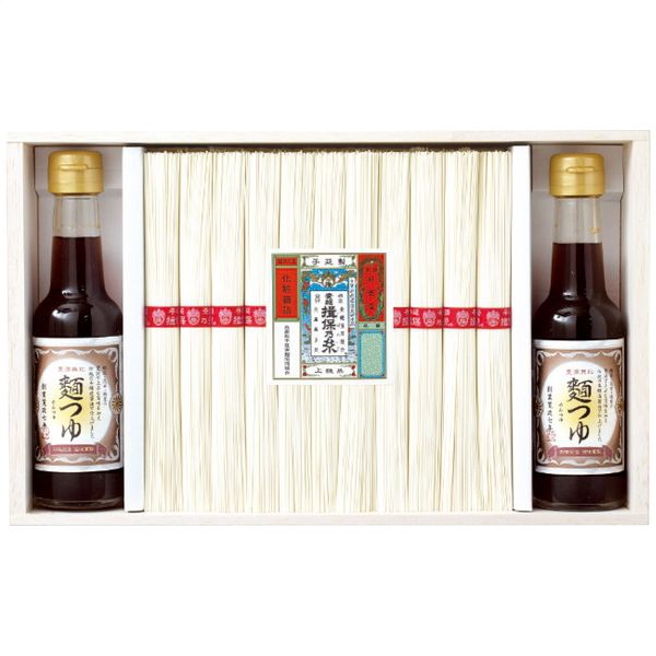 ポイント揖保乃糸上級品と、麺つゆの詰め合せです。※写真はイメージです。内容・デザイン等変更になる場合があります。予めご了承ください。箱サイズ33.5×6×20.6cm現品サイズ・内容上級品素麺50g×22束・麺つゆ(2倍濃縮)150ml×2...