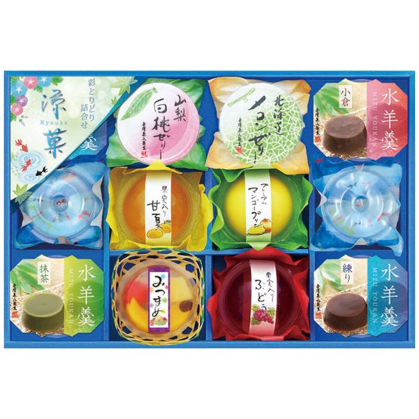 ポイント夏の涼菓詰合せ。やわらかな透明ゼリーの中に、黄桃、パインアップル、さくらんぼの果肉と赤えんどう、キューブ型の寒天を閉じ込めたみつ豆と水羊羹や輪島塩ぜりぃ、色とりどりの果実ゼリーが入ったバラエティ豊かな詰め合せです。※写真はイメージで...
