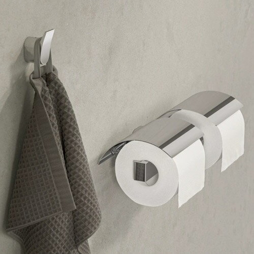 デザインの国、オランダから届いたアクセサリー。パウダールームに不可欠なアイテムを取りそろえました。丸みのある有機的なかたちが上品な空間に仕上げます。光沢のあるシルバーが美しいクロム仕上げのダブルペーパーホルダーです。【色 カラー 仕上げ】銀...