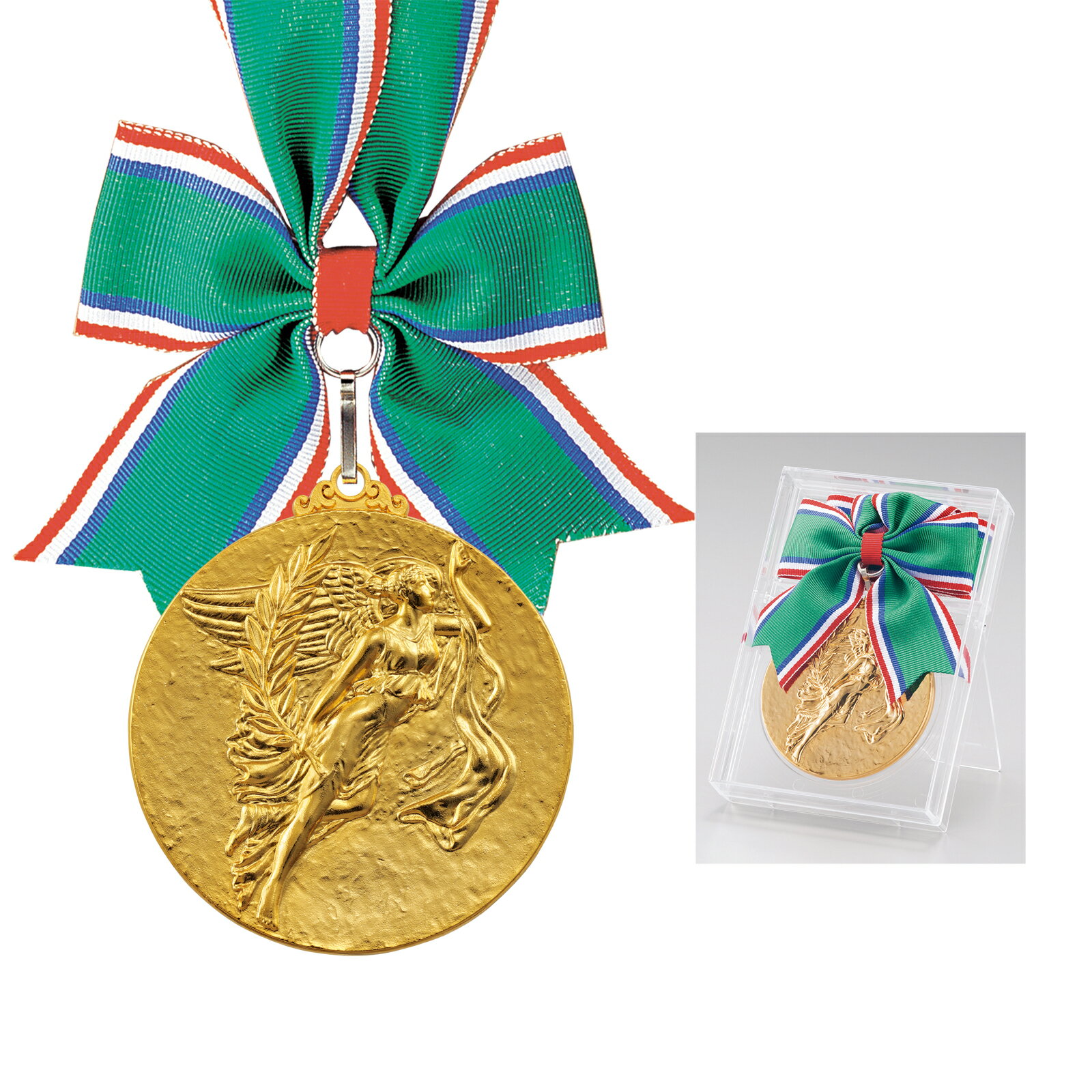 80mmφ　本体：亜鉛ダイキャスト製　スタンド付き透明プラケース入り　メダル本体重量：約160g【対応競技種目】女神、ワシ、鳳凰、空手形男、空手形女、空手長袖胴着男、空手長袖胴着女、空手半袖胴着男、空手半袖胴着女、剣道、サッカー、柔道、消防...