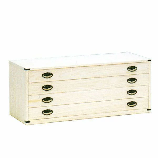 ◆◇◆送料無料◆◇◆ 国産品の総桐着物タンス・4段チェスト ■サイズ：本体/幅100×奥行44×高さ42cm 　　　　　引出し内寸/幅93×奥行38.9×高さ7.5cm ■材　質：桐・桐合板 ■塗　装：ロウ引き仕上げ ■取手は伝統的な菊の花...