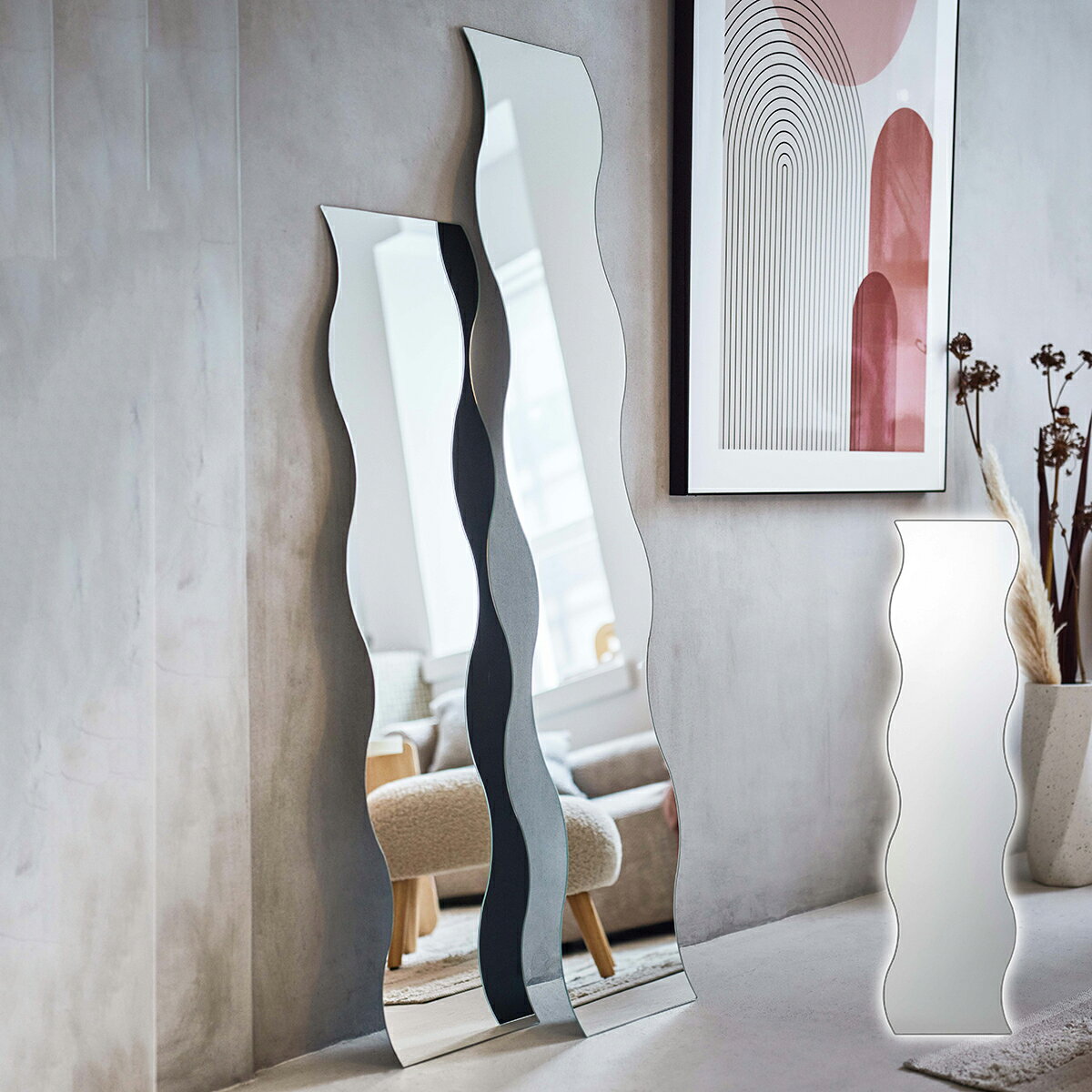 ■ウォールミラー 飛散 ミラー 波線 インパクト おしゃれ デザイン オブジェ インテリア■商品説明3mm厚の飛散防止ミラー仕様のウォールミラー。高さは120cmあります。波線のインパクトのあるおしゃれデザインで、オブジェとしてもインテリア...