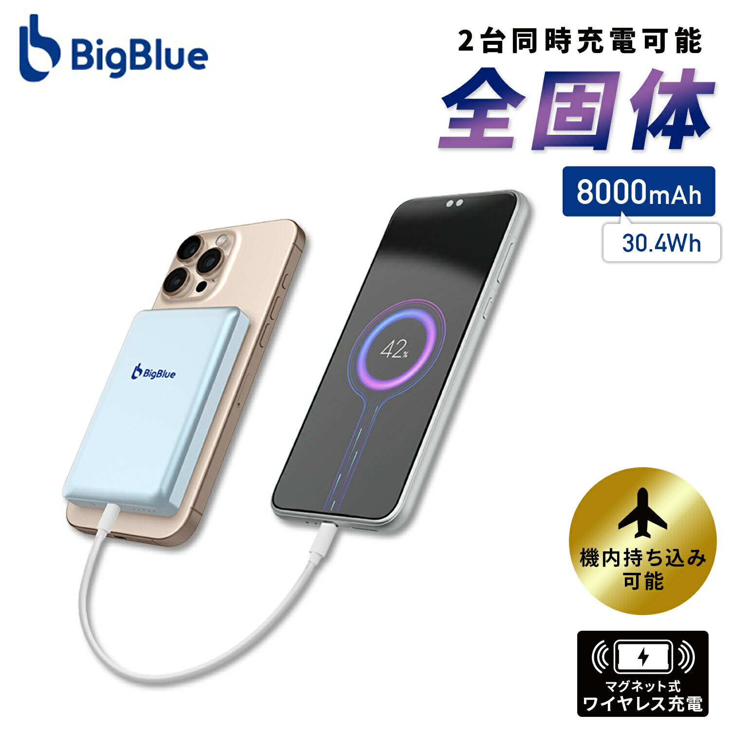 Bigblue Tech ビッグブルーテック 全固体 モバイルバッテリー 8000mAh PD20W 機内持ち込み可能 ワイヤレス充電 ケーブル充電 2台同時充電 急速充電 PF8 本体サイズ 幅10×奥行6.5×高さ1.4cm　重量170...