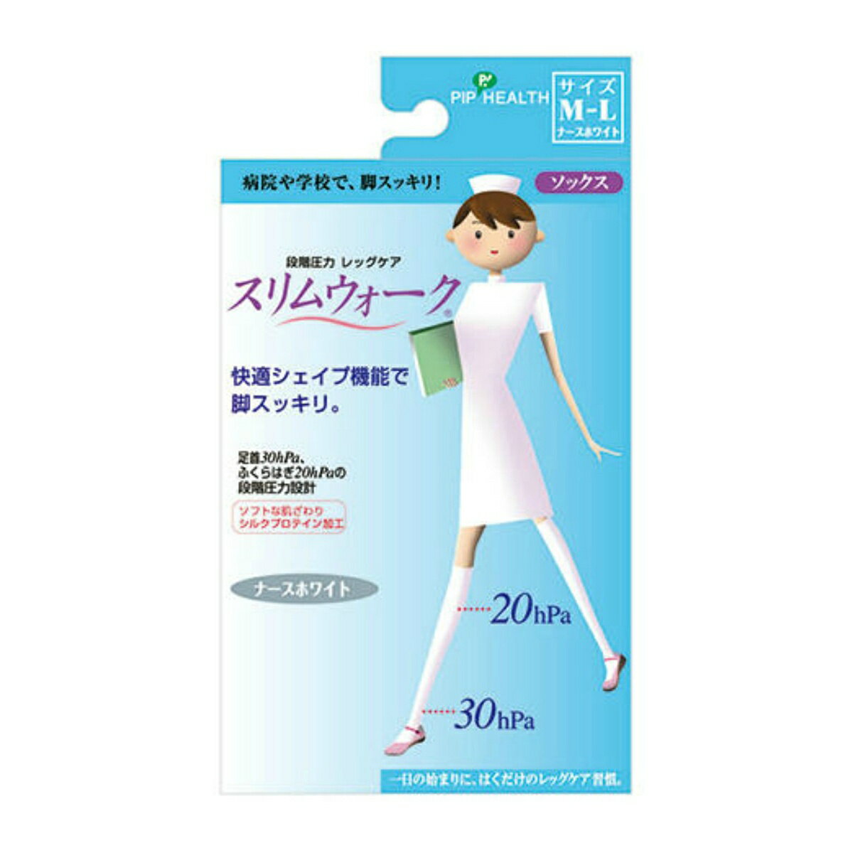 商品名：ピップ スリムウォーク ソックス ナースホワイト M-L 1足入内容量：1足入JANコード：4902522642163発売元、製造元、輸入元又は販売元：ピップ株式会社原産国：日本商品番号：101-82475商品説明段階圧力設計（足首...