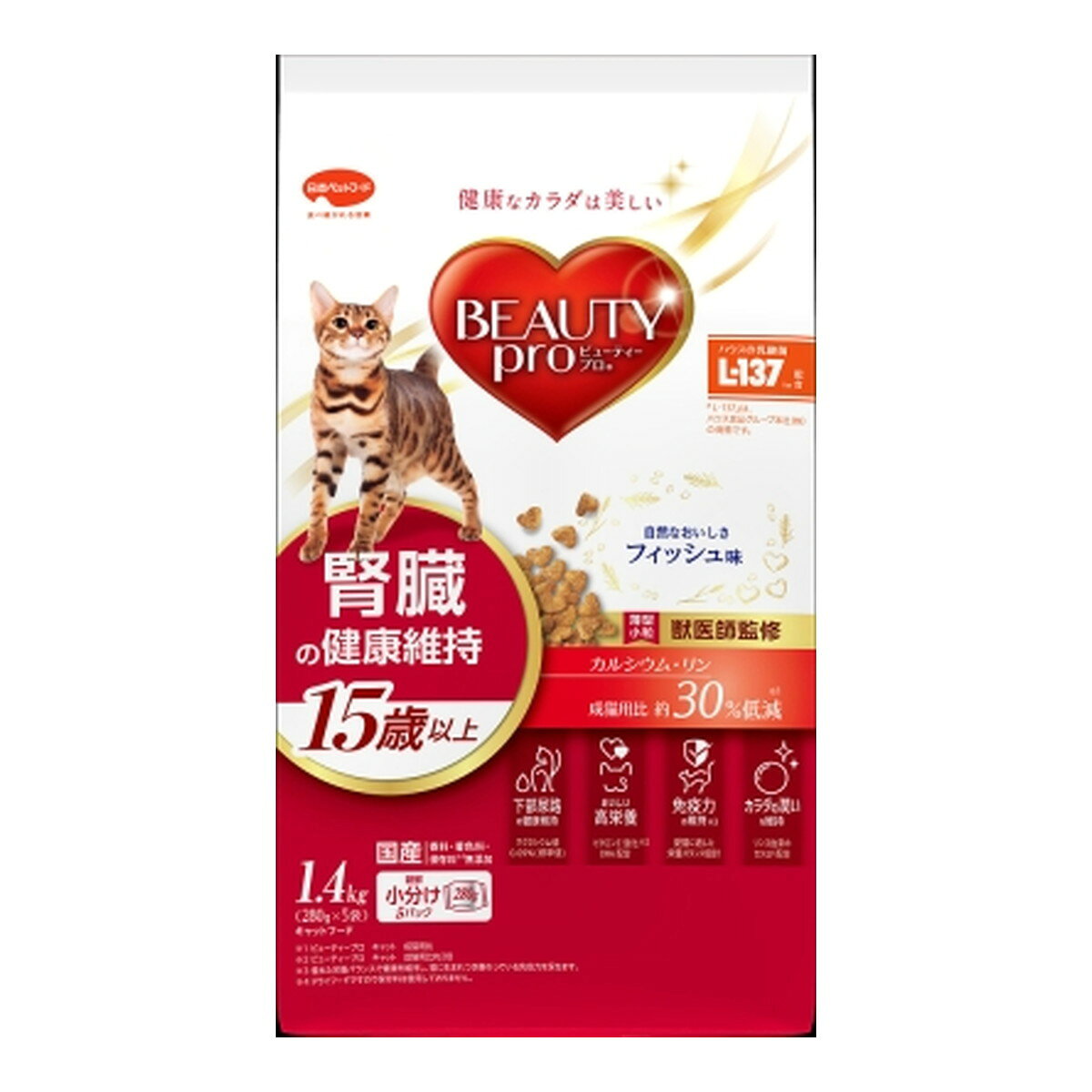 商品名：日本ペットフード ビューティープロ キャット 腎臓の健康維持 フィッシュ味 15歳以上 1.4kg内容量：1.4kgJANコード：4902112046715発売元、製造元、輸入元又は販売元：日本ペットフード商品番号：101-4902...