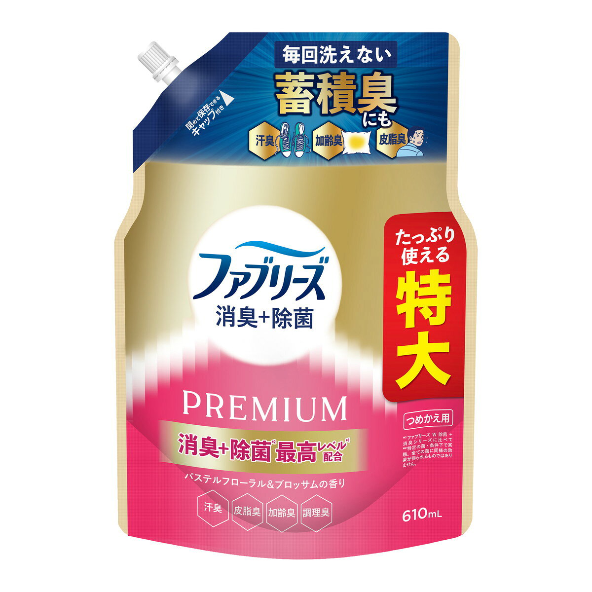 商品名：ファブリーズ 消臭+除菌 プレミアム パステルフローラル&ブロッサムの香り つめかえ用 特大サイズ 610mL P&G内容量：610mLJANコード：4987176386427発売元、製造元、輸入元又は販売元：P&G原産国：日本商品...
