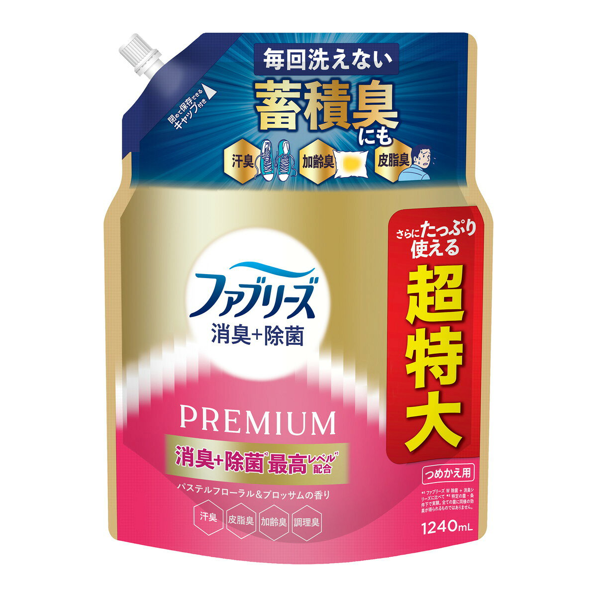 商品名：ファブリーズ 消臭+除菌 プレミアム パステルフローラル&ブロッサムの香り 超特大 つめかえ用 1240mL P&G内容量：1240mLJANコード：4987176386458発売元、製造元、輸入元又は販売元：P&G原産国：ベトナム...