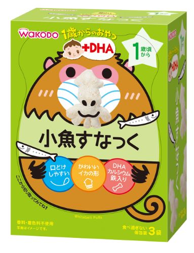 商品名：和光堂 1歳からのおやつ＋DHA　小魚すなっく内容量：3個ブランド：1歳からのおやつ＋DHA原産国：日本国産米にしらすを加えた、口どけしやすいノンフライスナックです。JANコード:4987244183682商品番号：101-9503...