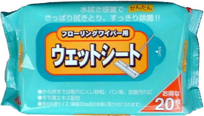 フローリングワイパー用 ウェットシートブランド：キレイシート販売・製造元：コットン・ラボから拭きでは取れない砂粒やパン屑、皮脂汚れをしっかり落とす、水拭き用ウェットタイプ。から拭きシートを使用した後のご使用をおすすめします。除菌剤、モモ葉エ...
