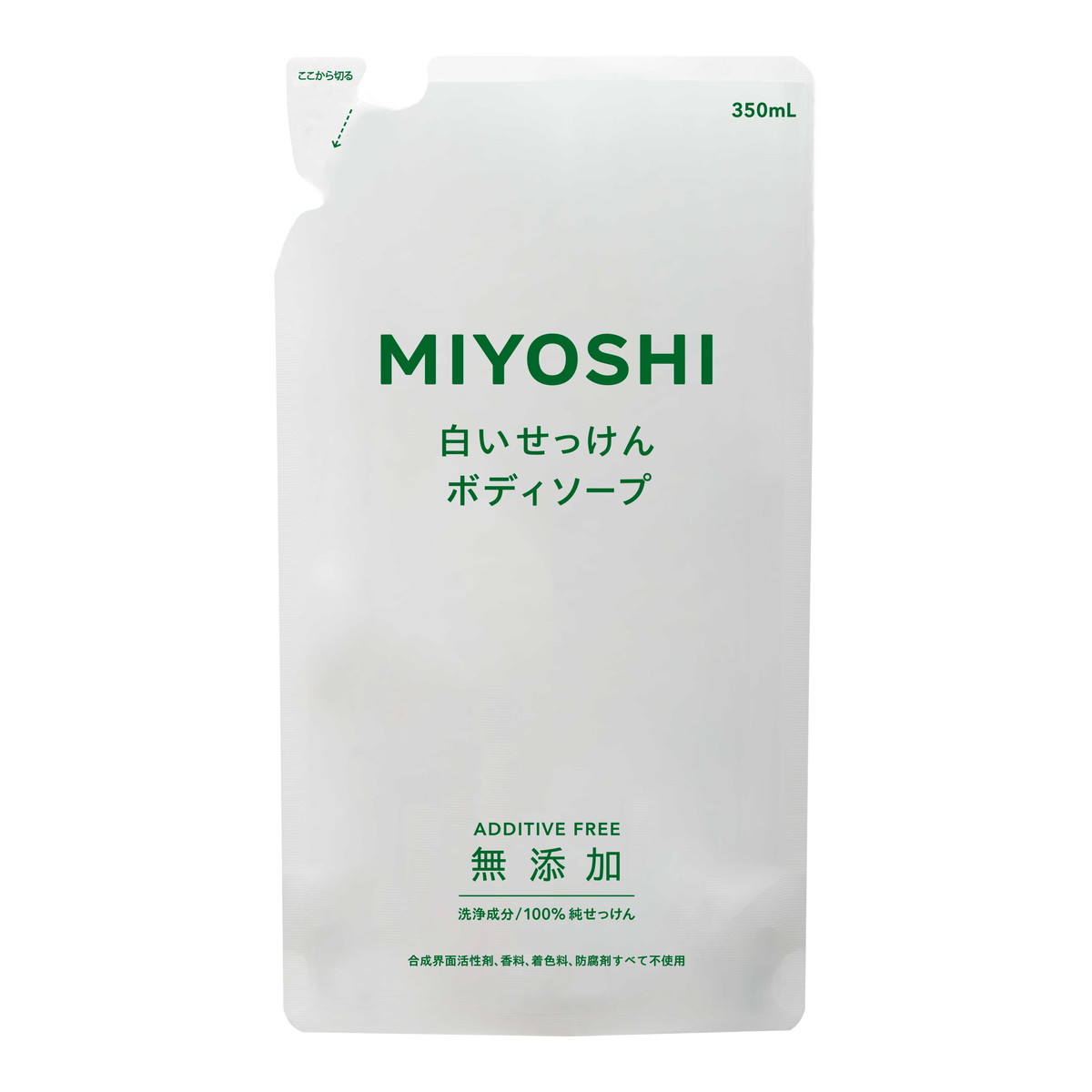 ミヨシ 無添加 ボディソープ 白い石けん つめかえ用 350ml(無添加石鹸)ブランド：ミヨシ 無添加せっけん販売・製造元：ミヨシ石鹸しっとり感を追求した、液体タイプのボディソープ。固形石けんの成分を配合することで、保湿効果を高めるとともに...