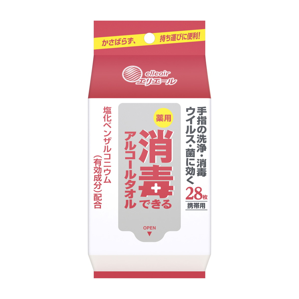 エリエール 薬用消毒できるアルコールタオル 携帯用 28枚ブランド：エリエール販売・製造元：大王製紙外皮消毒剤(ウェットティッシュ)・携帯用です。殺菌成分が手についたバイ菌をしっかり消毒。たっぷりの水分量で手指全体をしっかり消毒。ふき応えを...