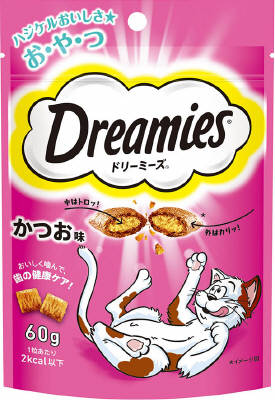 商品名：ドリーミーズ　かつお味　60G内容量：60gブランド：ドリーミーズ原産国：タイ猫ちゃんを夢中にさせるハジケルおいしさ☆外はカリッ！中はトロッ！の2層粒と、かつおの風味たっぷりでたまらないおいしさ☆猫ちゃん大喜びのおやつ！JANコード...