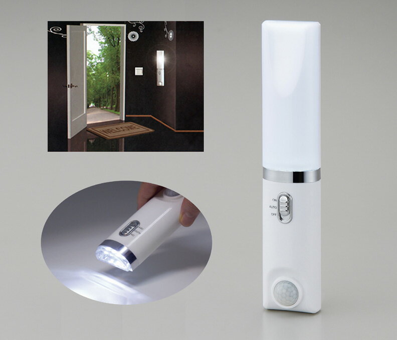 アイトック センサーライト＆常備灯の特徴 ■人と明るさに反応し、自動的に点灯・消灯する人感センサー付ライト。 スイッチ操作が不要で、荷物で手がいっぱいの時などもでパッと点灯して便利。 防犯にも役立ちます。 本体下部は取り外し可能で、懐中電灯...