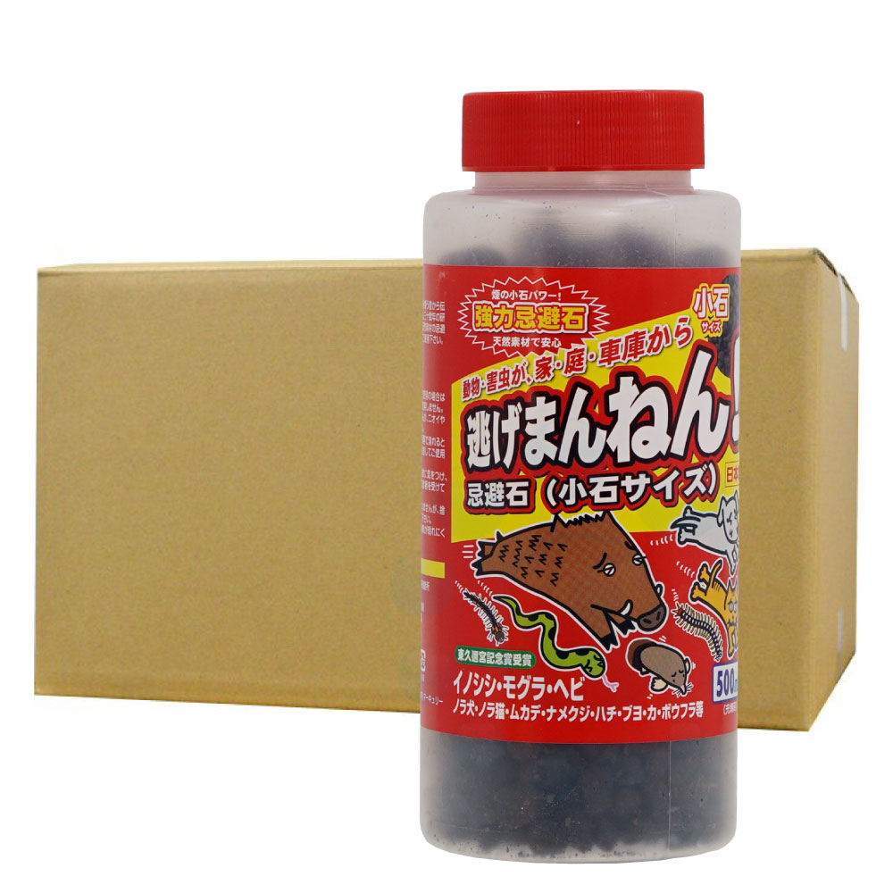 商品名 逃げまんねん！小石サイズ　500ml×24本　【充填時】 有効成分 木酢液、木タール、ニンニク、セラミックセメント 施工範囲の目安 1本で100m施工可能　※500ml（充填時）の場合 用　途 動物（モグラ、ヘビ、イタチ、キツネ、タ...