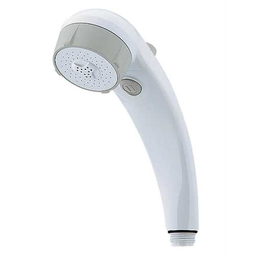 ●材質 ABS ●リング部の回転：マッサージ・シャワーの切替え ●ボタン操作：シャワー・一時止水の切替え ●器具破損防止のため、完全止水しません。 ●低水圧（低流量）対応用シャワーヘッド　動水圧0.05MPa、流量5L/分の条件で使用できま...